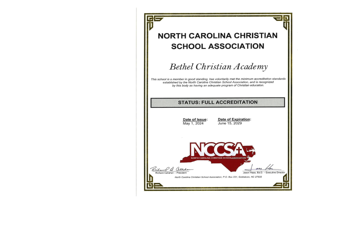 Accreditation Banner 2024 - Bethel Christian Academy