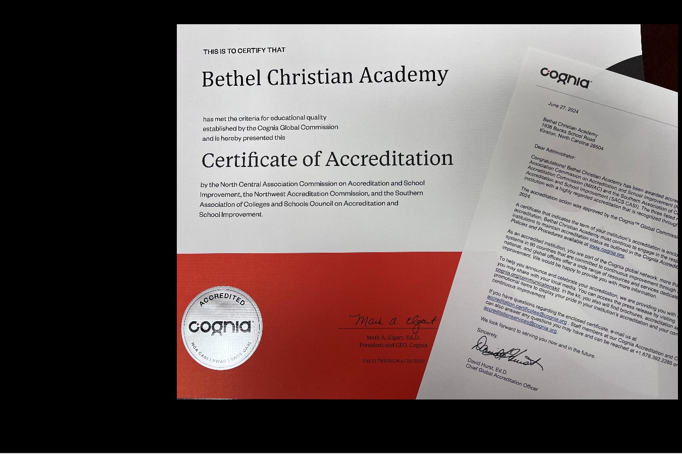 Cognia Certificate - Bethel Christian Academy